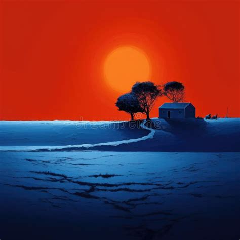 Minimalistic Landscape In Complementary Colors Blue And Orange Stock Illustration