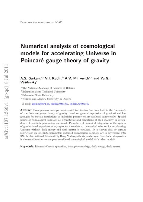 Pdf Numerical Analysis Of Cosmological Models For Accelerating Universe In Poincare Gauge