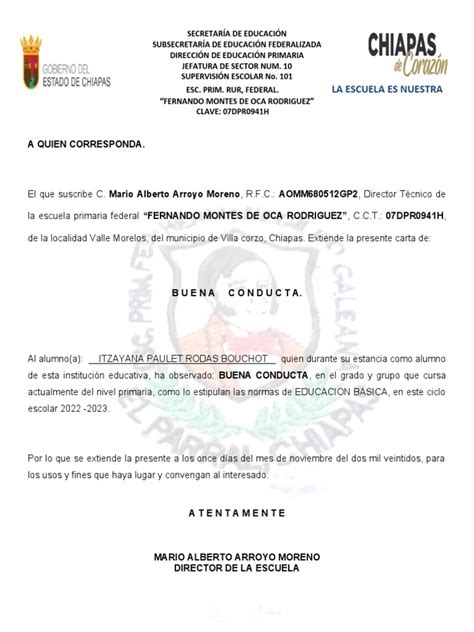 Carta De Buena Conducta Escolar Pdf Educación Primaria Etapas