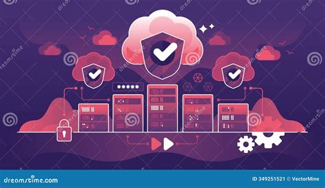 Cloud Security Is Depicted With Shields Clouds And Servers Dark Stock Vector