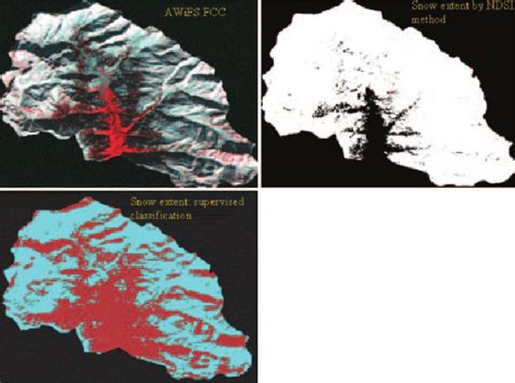 showing fcc of awifs areal extent of snow by ndsi and supervised
