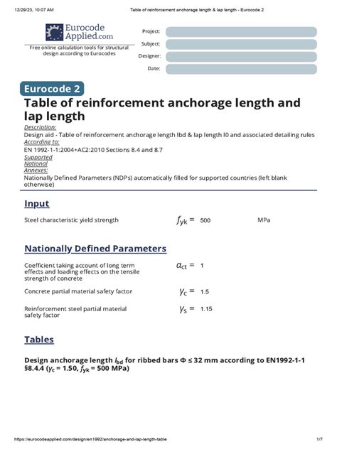 table of reinforcement anchorage length and lap length eurocode 2 pdf