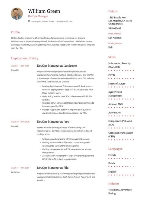 DevOps Manager Resume Example Resume Examples Manager Resume Cv Design Template