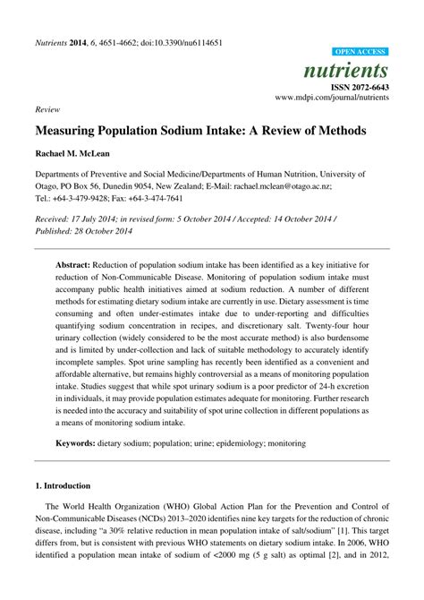 Pdf Measuring Population Sodium Intake A Review Of Methods