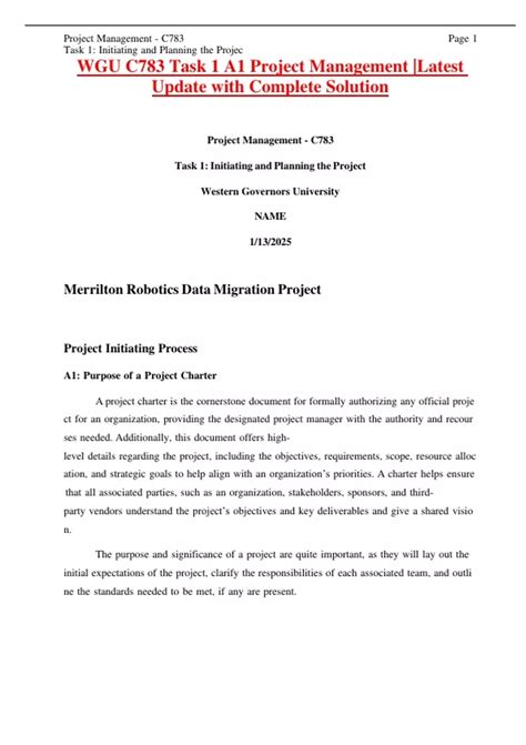 Package Deal For Wgu C783 Task 1 A1a2 And A3 Project Management Latest