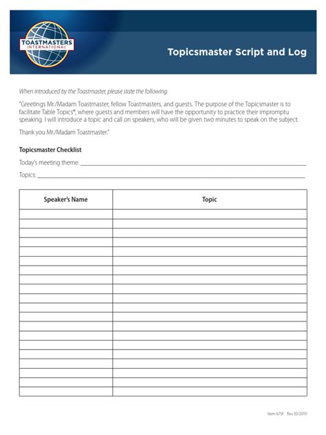 Toastmasters 675f Topicsmaster Script And Log Letter Size Pdf