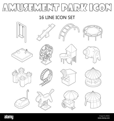 Amusement park icons set in outline style. Attraction park set ...