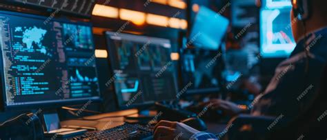 A Determined Programmer Works On Multiple Monitors In A Dark Room