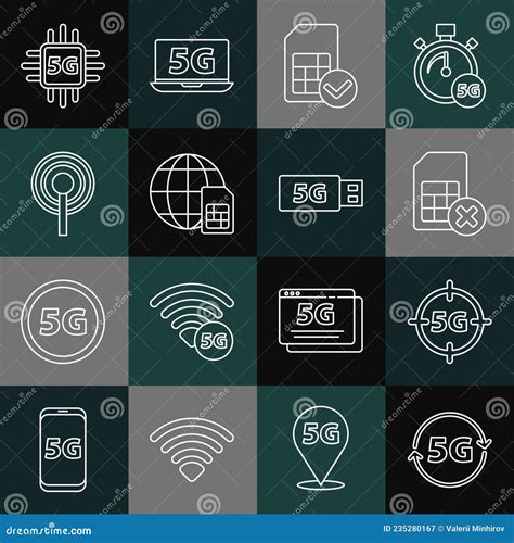 Set Line G Network Sim Card Rejected Globe Card Antenna Processor And Modem Icon Vector