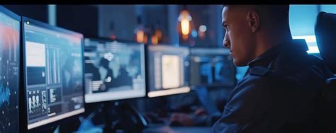 Focused Hacker Working At Night With Multiple Monitors Realistic Image