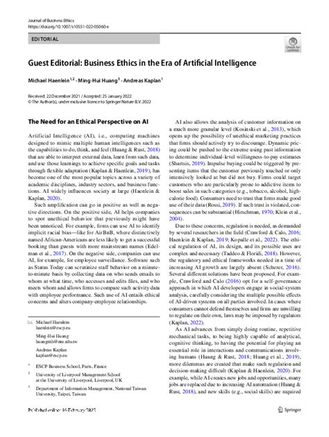 Pdf Guest Editorial Business Ethics In The Era Of Artificial