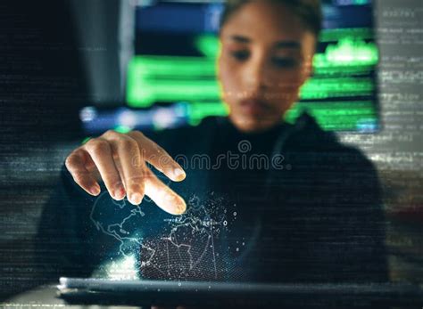 Hacker Woman And Hand With Global Network Hologram Information Technology And Database With