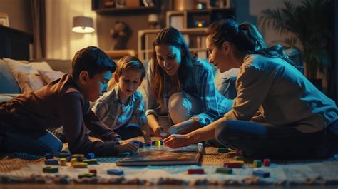 Two Moms Play With Their Sons In A Living Room A Cozy Evening Activity