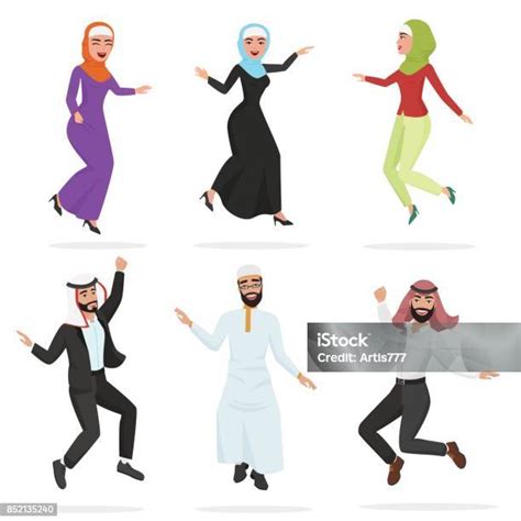 점프 하는 귀여운 아랍 사람들의 행복 한 그룹입니다 만화는 무슬림 남자와 여자 문자 벡터 일러스트 레이 션을 이동 합니다 경기