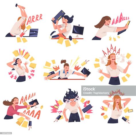 격렬한 얼굴을 가진 분노한 여자 사무실 직원 벡터 세트 주변의 모든 것을 부수고 감정에 대한 스톡 벡터 아트 및 기타 이미지 감정 격노한 경영자 Istock