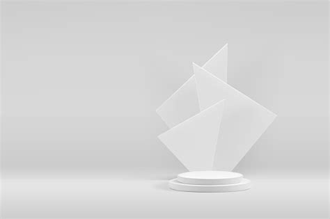 둥근 플랫폼과 기하학적 삼각형 블록이 있는 제품 전시를 위한 3d 흰색 연단 무대 추상 스튜디오 쇼케이스 벡터 렌더링 0명에