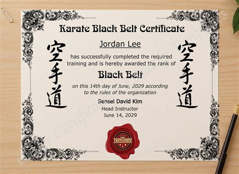 Karate Black Belt Certificate Template Editable Printable Martial