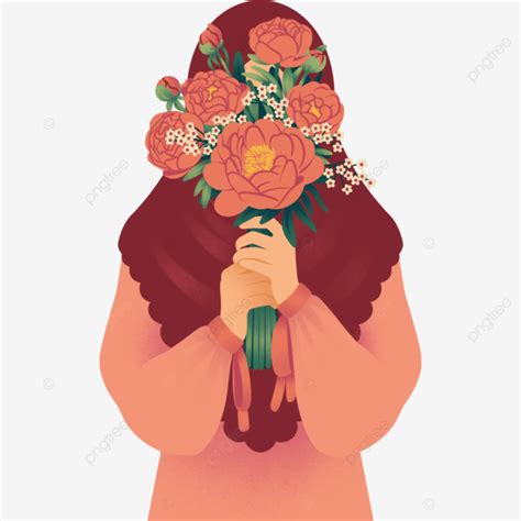 Muslim Hijab Girl With Peonies Muslim Girls Cartoon Girl Hijab Girl