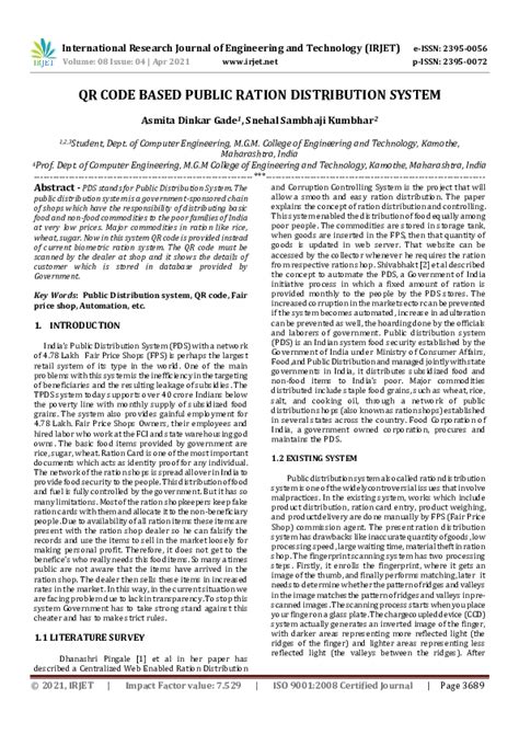 Pdf Irjet Qr Code Based Public Ration Distribution System Irjet