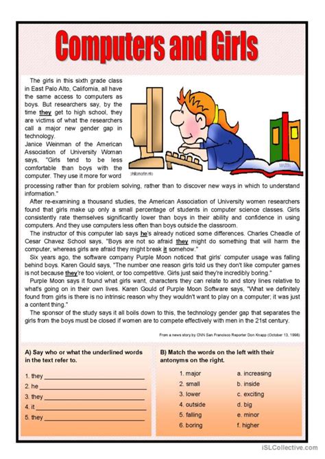 computers and girls reading for deta… english esl worksheets pdf and doc