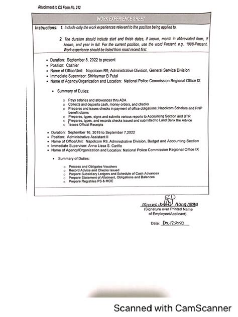Work Experience Sheet Pdf