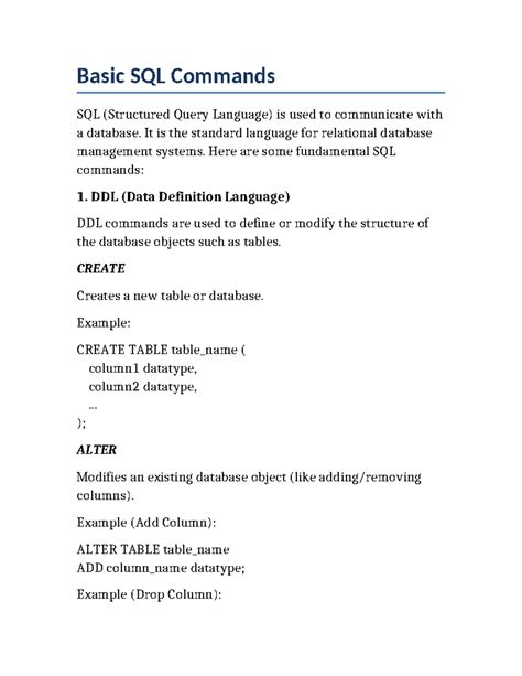 Basic Sql Commands Overview For Database Management Studocu