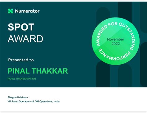Pinal Thakkar On Linkedin Numerator Spotaward Appriciation Nov2022
