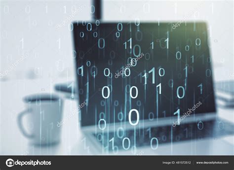Creative Abstract Binary Code Sketch On Modern Laptop Background