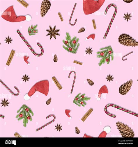 3d Illustration Of Christmas Seamless Pink Background With Red Santa