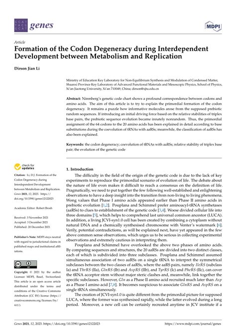Pdf Formation Of The Codon Degeneracy During Interdependent
