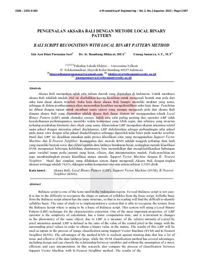 Pengenalan Aksara Bali Dengan Metode Local Binary Pattern Bali Script Recognition With Local
