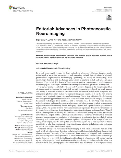 Pdf Editorial Advances In Photoacoustic Neuroimaging