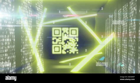 Qr Code Scanner With Neon Elements Against Screens Of Data Processing
