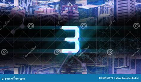 Composite Of Illuminated 3 Number With Grid Pattern Forming Map Against Aerial View Of Cityscape
