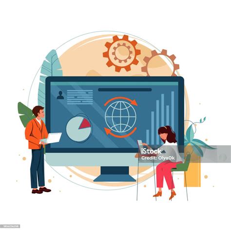 엔터프라이즈 시스템 추상 개념 벡터 일러스트레이션입니다 기업 소프트웨어 엔터프라이즈 아키텍처 비즈니스 프로세스 및 기록 관리 It 시스템 큰 컴퓨터 화면 앞에 있는 남자와