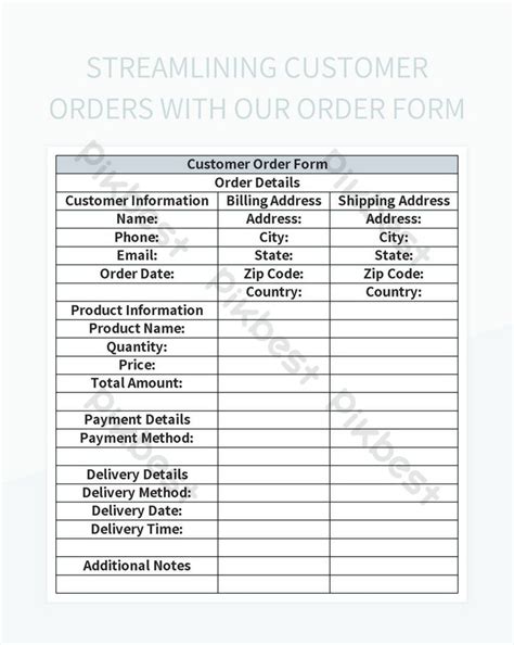Streamlining Customer Orders With Our Order Form Excel Template Free Download Pikbest