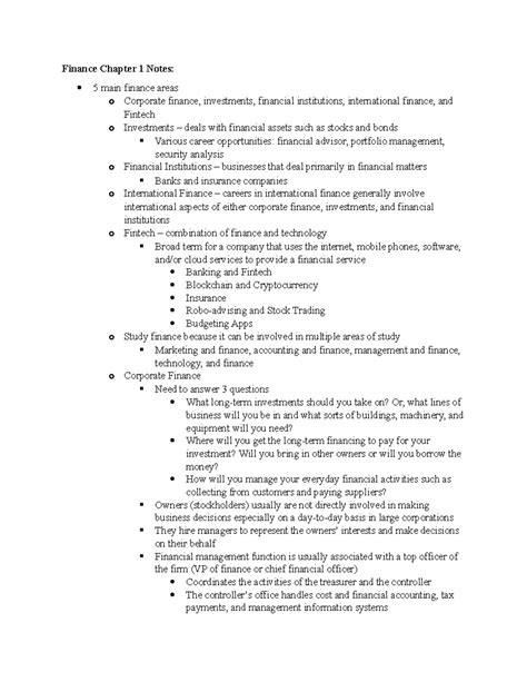 Finance Chapter 1 Notes Finance Chapter 1 Notes 5 Main Finance Areas