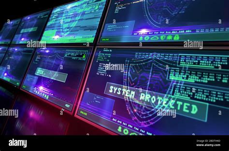 Cyber Security Message With Shield Symbol On Futuristic Computer Screen With Glitch Effect