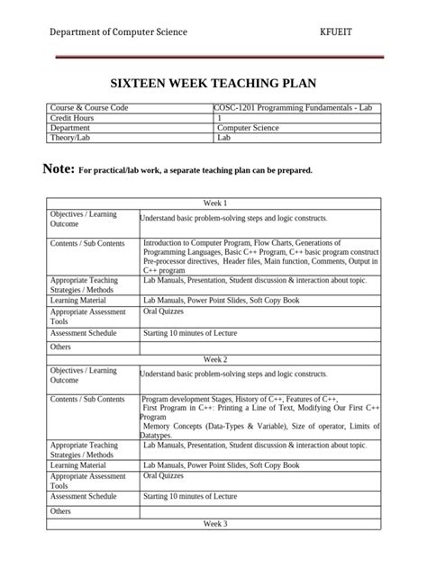 Programming Fundamentals Lab Plan Pdf Programming Computer Program