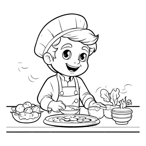 흑백 만화 일러스트레이션 리틀 셰프 보이 요리 음식 컬러링 책 프리미엄 벡터