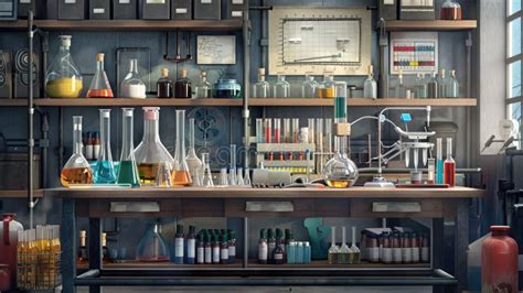A Chemistry Lab Table And Shelves Arranged With Flasks Beakers