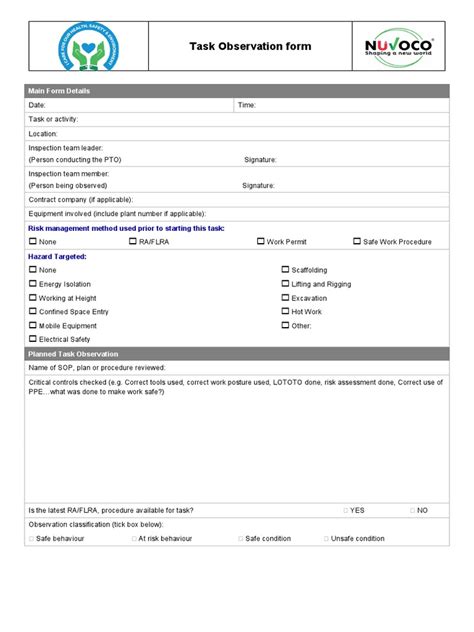 Task Observation Form Pdf Health Sciences Safety