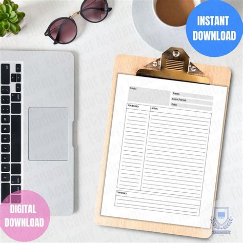 Cornell Notes Taker Template Printable Academic Planner Page Teacher Resource Instant Download