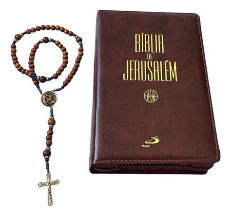 Kit Bíblia Jerusalém Média Ziper E Terço São Miguel Arcanjo Cor Canela