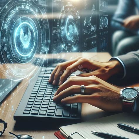 Close Up Of Hands Typing On A Keyboard With Futuristic Holographic Data Overlays Stock