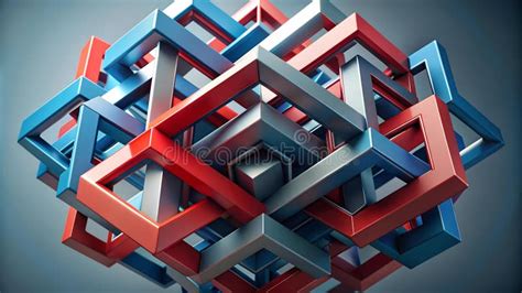 Interlocking Geometric Symphony In Red Blue And Gray Ai Generated Stock Illustration