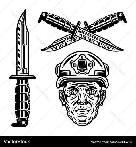 Soldier Head Infantryman And Combat Knives Set Vector Image