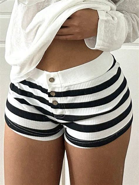 Covetez Women Casual Knit Striped Low Waist Skinny Super Short Shorts