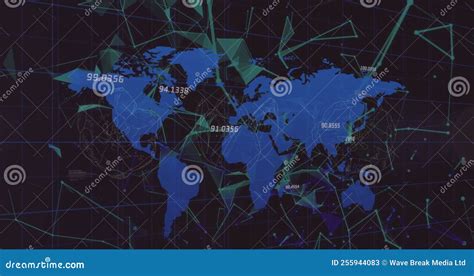 Image Of Light Trails Over Network Of Connections With Data Processing And World Map Stock