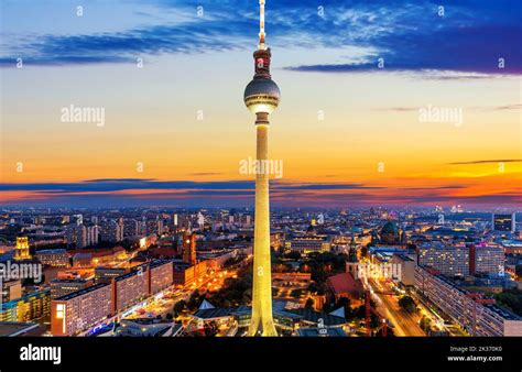 Aerial Downtown Panorama Of Berlin At Night With The Skyscrappers And